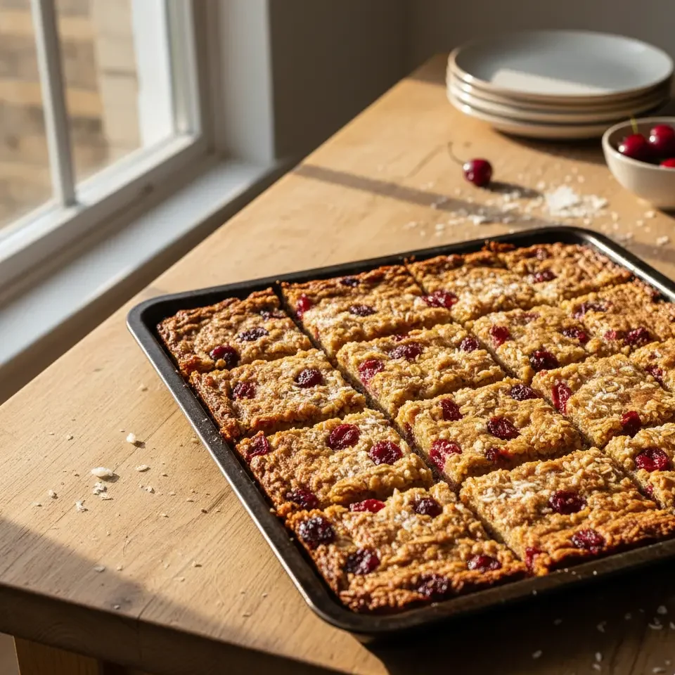 Cherry and Coconut Flapjack - savorysweetempire.com